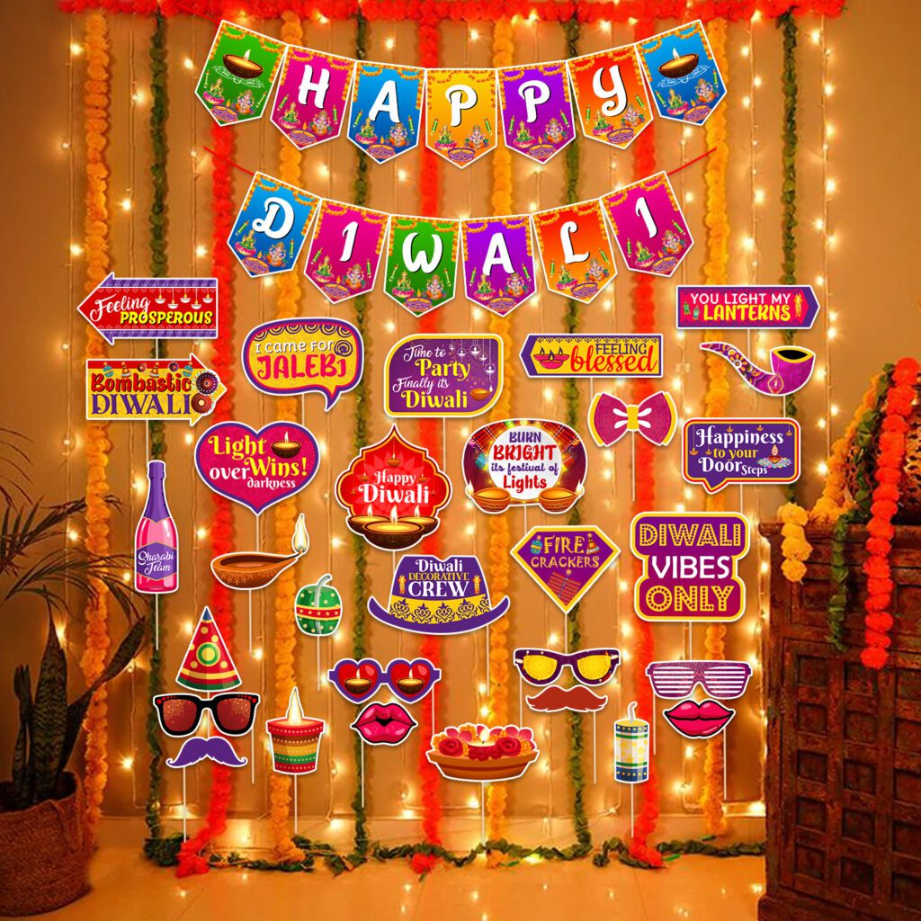 Diwali Decorations Set - Diwali Banner with Photo Booth Props & Rice ...